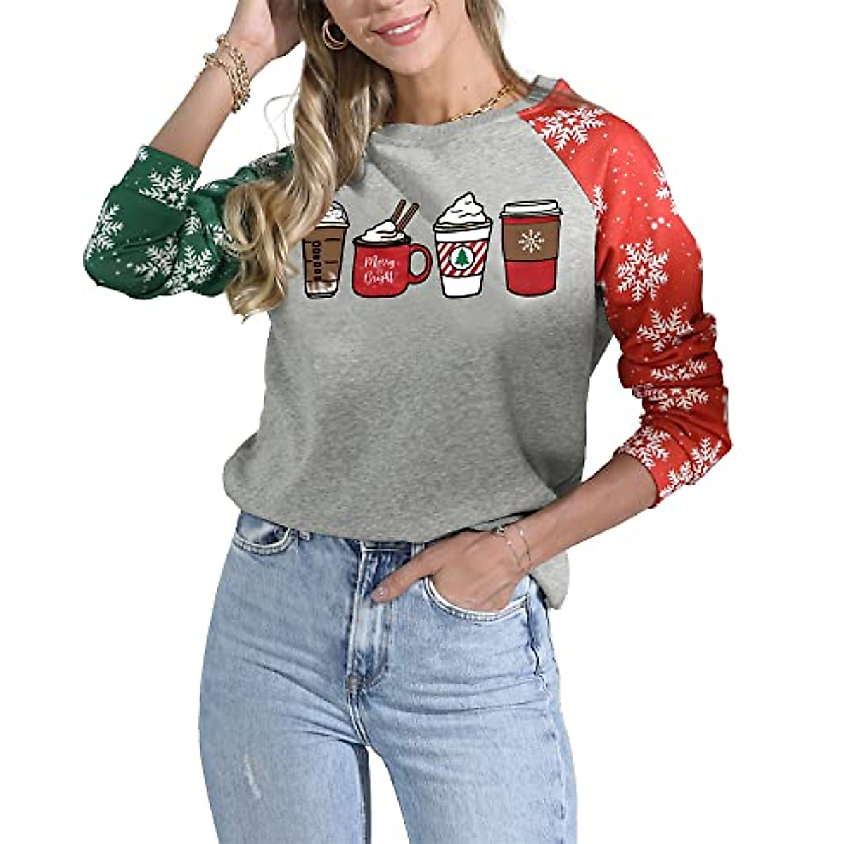 Christmas Sweatshirt Women Merry and Bright Christmas Shirt Funny Cute Ice Cream Graphic Tee Xmas Holiday Shirts