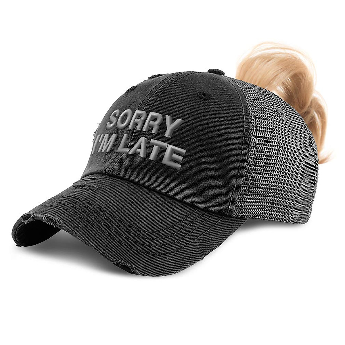 Womens Ponytail Cap Sorry I'm Late B Embroidery Cotton Distressed Trucker Hats Strap Closure Black Design Only