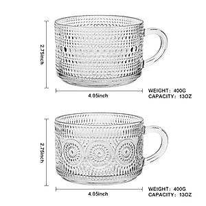 BTGLLAS 400ML Vintage Coffee Mugs With Metal Spoon Glass Coffee Cup 13 Oz Set of 2 Clear Embossed Glass Cups Engrave Tea Cups Beverage,Latte,Anniversary, Valentine,Birthday,Christmas (1SETMUG)