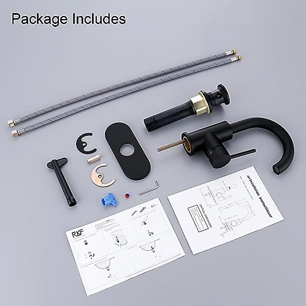 RKF Single-Handle Bathroom Sink Faucet, Swivel Spout, with Pop-up Drain with Overflow and Supply Hose,Bar Sink Faucet,Small Kitchen Faucet Tap,Matte Black,BF3501P-MB