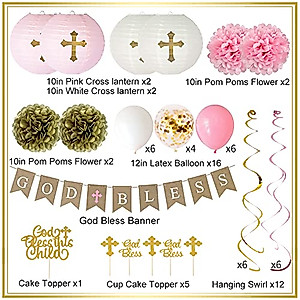 Baptism Decorations for Girls, First Communion Decorations, Christening Decor 1st Holy Communion Party Supplies God Bless Banner Pink Party