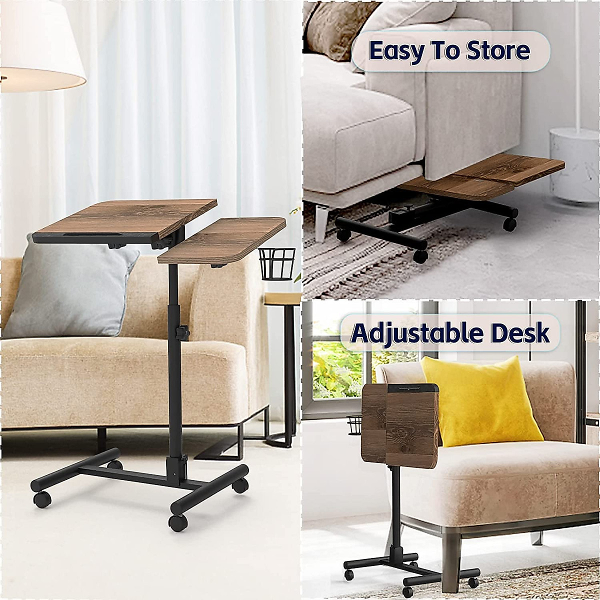 Dtadvlo 23'' Rolling Computer Desk，Portable Laptop Desk，Mobile Portable Laptop Desk, Height Adjustable Laptop Sit to Stand Up Desk，Overbed Table with Wheel Adjustable Height Desk
