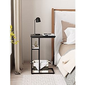 Innerjoin C Shaped End Table, Side Table with Metal Frame, TV Tray Table for Couch, 2 Shelves Sofa Table for Living Room Bedroom, Bedside, Rustic Vintage Style, Black