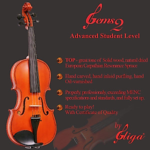 4/4 Full size Student 'GEMS 2' Model, a Gliga Violin Handmade in Romania, Advanced Student Level, Hand Varnished, Hand Inlaid Purfling, Hand Carved Solid European Wood, Fully Set Up