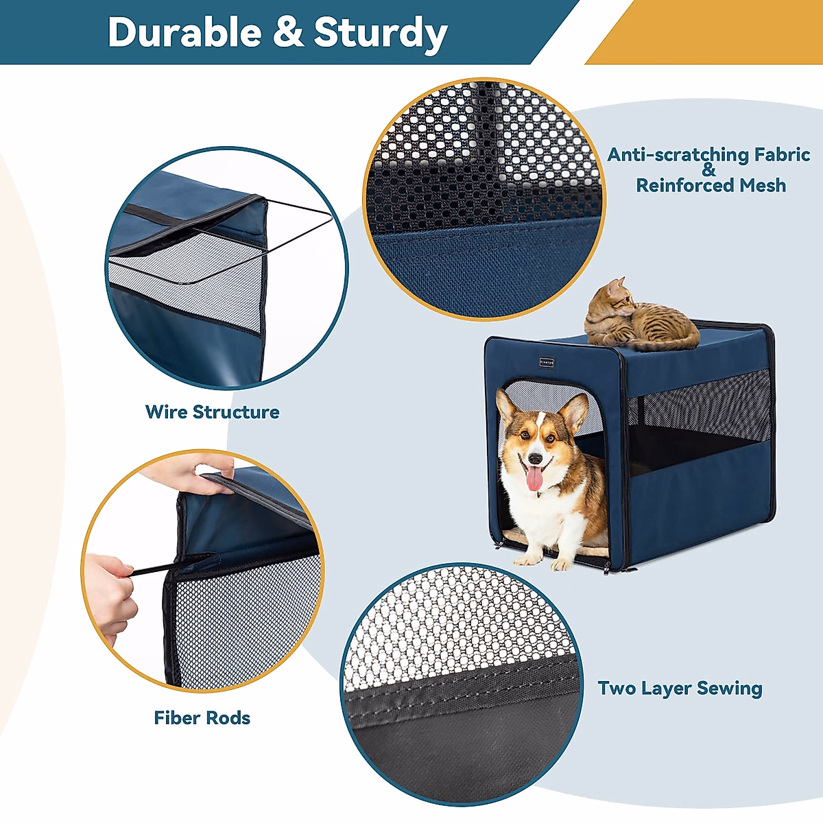PETSFIT Portable Dog Crate, Dog Travel Crate - 31 Inch with Thicken Mat, Easy to Fold, Sturdy and Portable, Perfect for Traveling, Foldable Dog Crate Navy Blue
