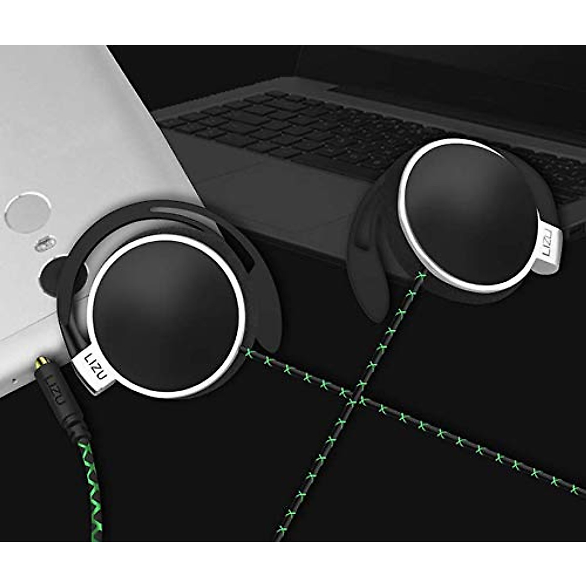 C-YOUNG Clip On Earphones，Over Ear Running Stereophone Headphones for Workout Exercise Gym Compatible for iPhone, Android Mobile Phone, with Microphone and Call Controller Stereo Earphones (Black)