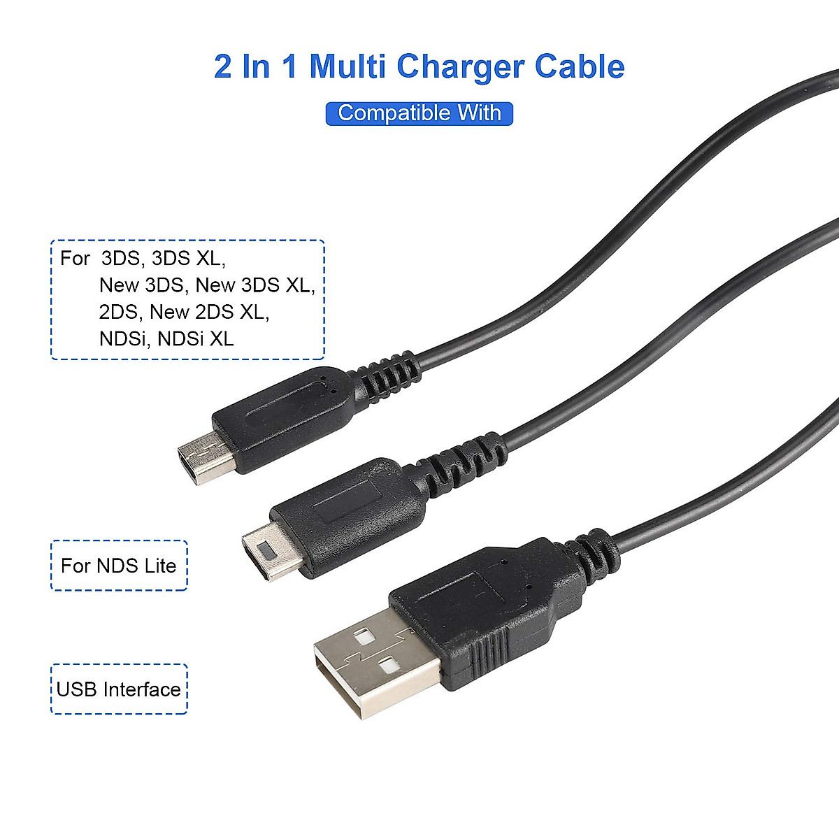 CSTESVN 2 in 1 USB Charger Cable for Nintendo DS Lite, New 3DS(XL/LL), New 3DS, 3DS(XL/LL), 3DS, New 2DS(XL/LL), 2DS, DSi(XL/LL), DSi(NOT Compatible with Nintendo DS)