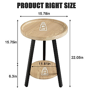 Hadulcet Accent Table, Small Round Side Table Round Nightstand for Small Space, Wooden Shelves & Metal Legs, Natural Wood Color