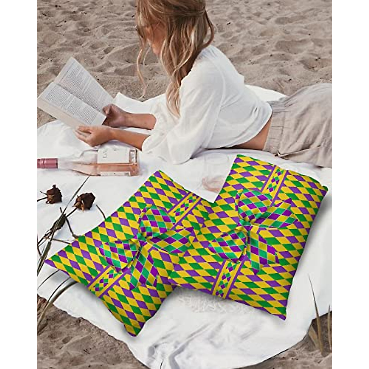 Outdoor Waterproof Throw Pillow Covers Set of 2 Cushion Cases Mardi Gras Purple Yellow Green Plaid Bow Pillow Covers,Decorative Pillowcases for Patio,Garden,Couch 20x12 Inch