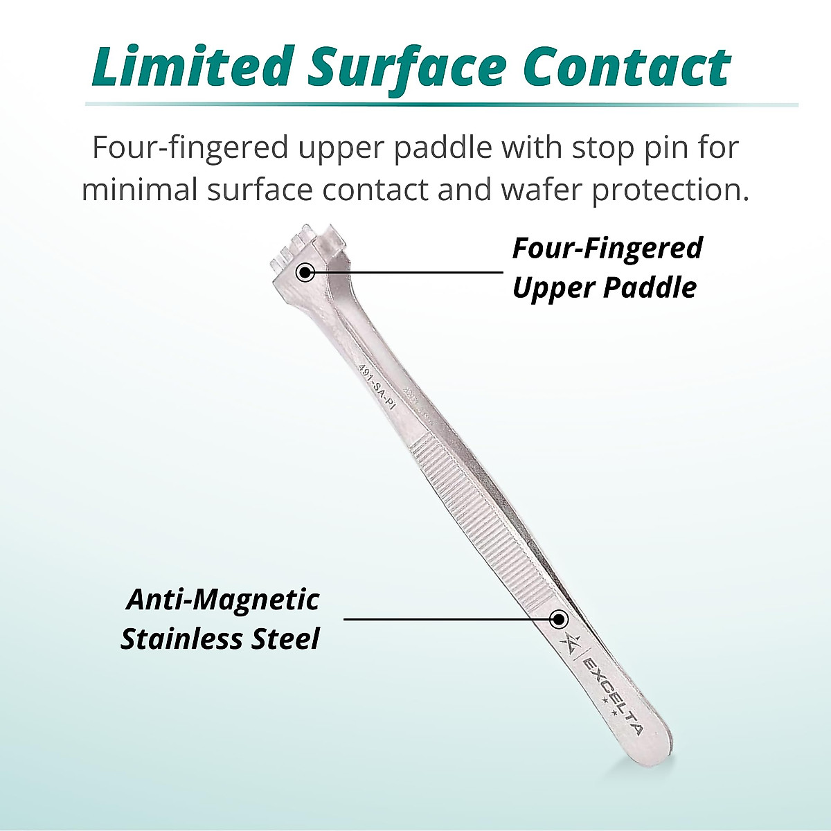 Excelta Wafer Tweezers for 4" Wafers, 5" Fingered Paddle with Guide Pin, Anti-Magnetic Stainless Steel, Features Serrated Handles for Better Control, Intermediate