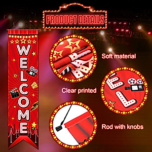 Movie Night Porch Sign Banner Movie Theme Party Decorations Movie Theater Welcome Now Showing Lights Camera Action Hanging Porch Sign for Home Film Backdrop Party Supplies (Classic Style, 2 Pieces)