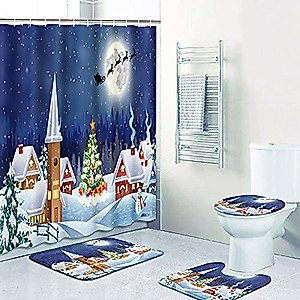 ArtSocket 4 Pcs Shower Curtain Set House Snowy Christmas Landscape Night with Non-Slip Rugs Toilet Lid Cover and Bath Mat Bathroom Decor Set 72" x 72"