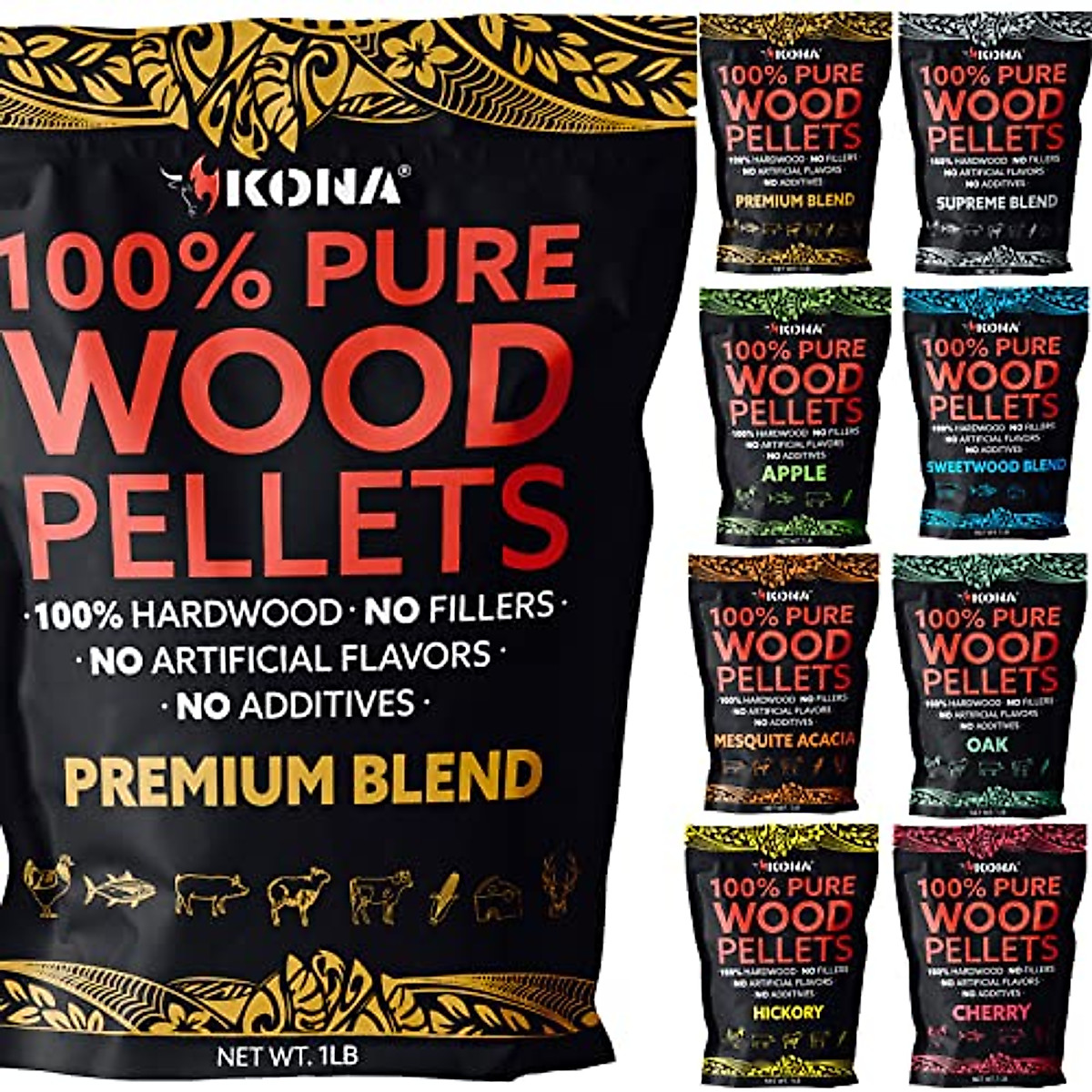 Kona Smoker Grilling Pellet Sets 8X /1 Pound Variety Pack (8 pounds Total), 100% Oak+100% Hickory+Sweetwood Blend+Premium Blend+100% Apple+100% Cherry+Supreme Blend+100% Mesquite Acacia