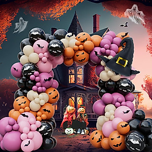 196Pcs Halloween Balloons Garland Arch Kit with Spider Ghosts Foil Balloons Pink Black Orange Sand White Balloons for Kids Halloween Spooky Costume Party Decorations