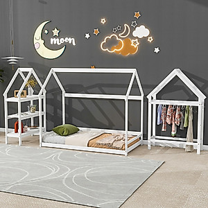 ROCKINGRUN Twin Size Wood House Bed,Wood Platform Bed with Storage Shelves and Hanger,Floor Twin Size Montessori Bed Frame, Kids Boys Girls Bedroom,Living Room,No Box Spring Required,White