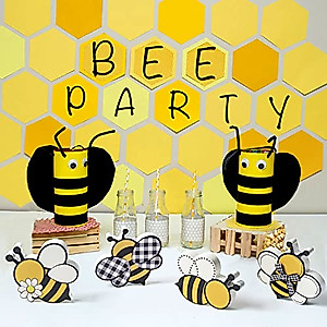 WATINC 4PCS Bee Tiered Tray Decor, Summer Wooden Table Centerpiece Sign, Double-sided Bees Printed Wood Tabletop Signs, Rustic Farmhouse Table Decoration for Holiday Home Honey Party Supplies