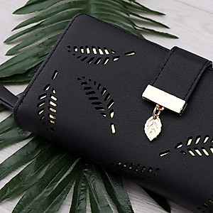 Create idea Black Women Long Leaf Bifold Wallet Purse Clutch Card Holder Synthetic Material Leaf-shaped Metal Pendant Purse