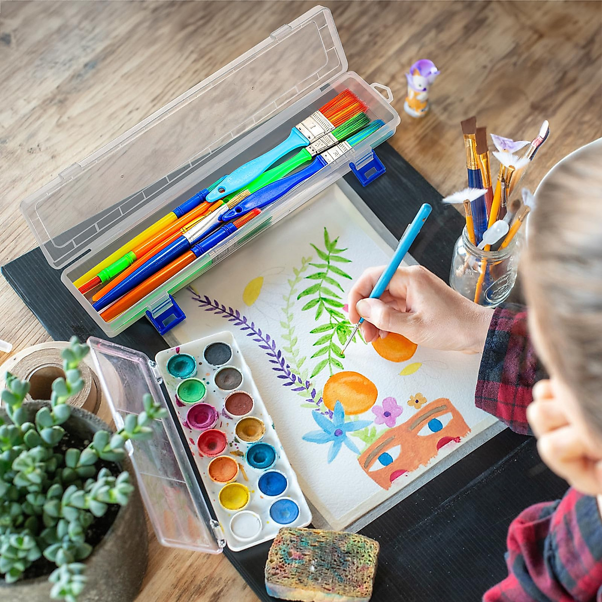 Noamus 8 Pack Plastic Paint Brush Holder, 13" Long Translucent Watercolor Pens Pencils Case with Buckle Design, Paintbrush Drawing Tools Storage Box Container with Hinged Lid for Artist Art Craft