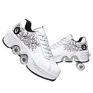 Double-Row Deform Wheel Automatic Walking Shoes Invisible Deformation Roller Skate 2 in 1 Removable Pulley Skates Skating Parkour (White Black Powder, US 5.5)