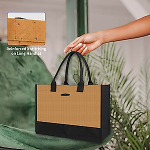 Aricsen Large Canvas Shopping Tote Bag with Handles for Women Gift Grocery Beach Holidays, Reusable Blank Clearance Eco Burlap Cloth Jute Fabric Handbag for Kitchen, Black & Brown