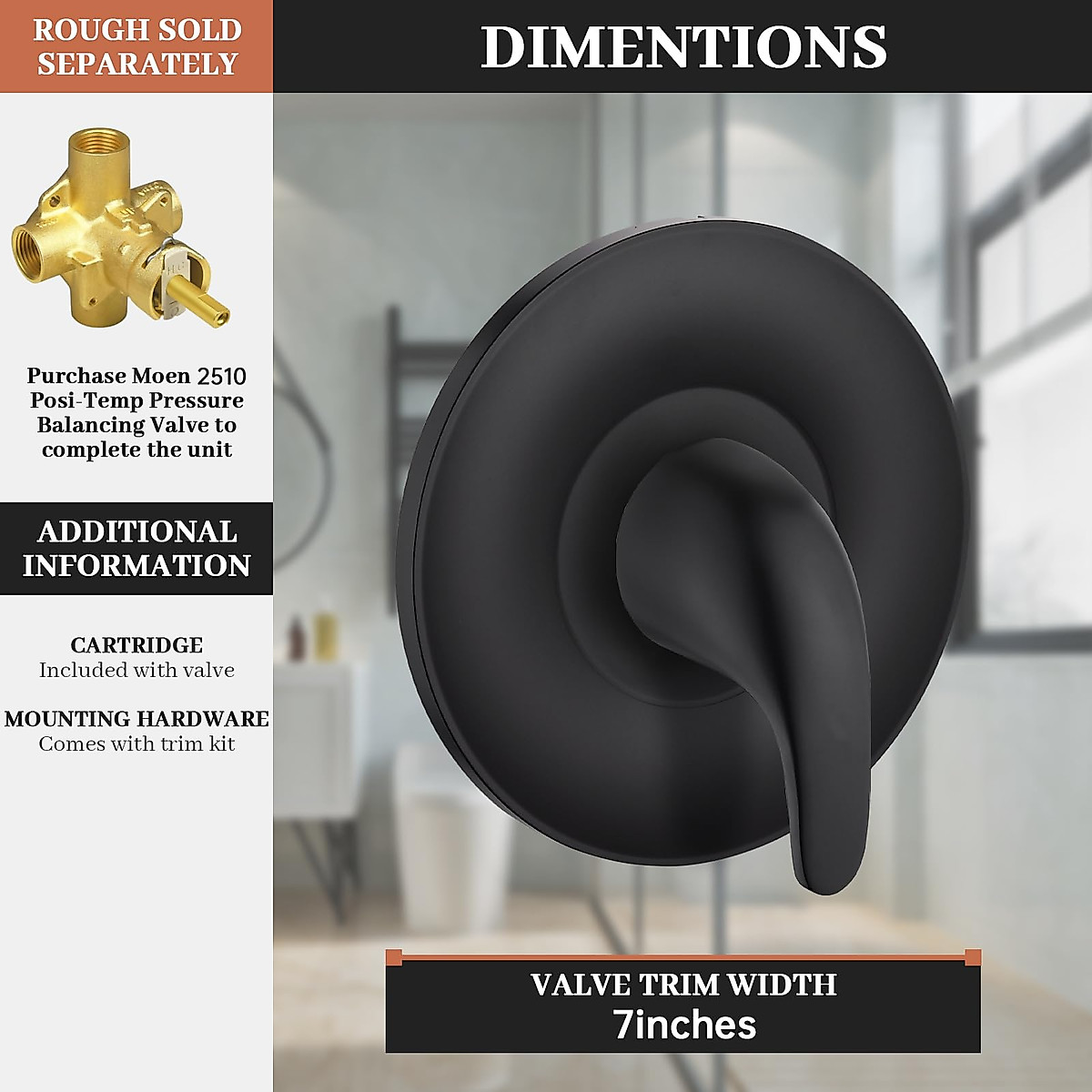 Shower valve Trim Kit Replacement for Moen Gibson Matte Black Posi-Temp Pressure-Balancing Modern Valve Handle Only Trim, Valve Required