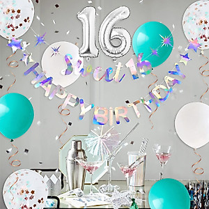 Iridescent Sweet 16 Happy Birthday Banner Garland for Sweet 16 Decorations Hanging Sweet 16 Signs for Girls 16th Birthday Party Decor 16th Happy Birthday Party Sign for Sweet Sixteen Party Supplies
