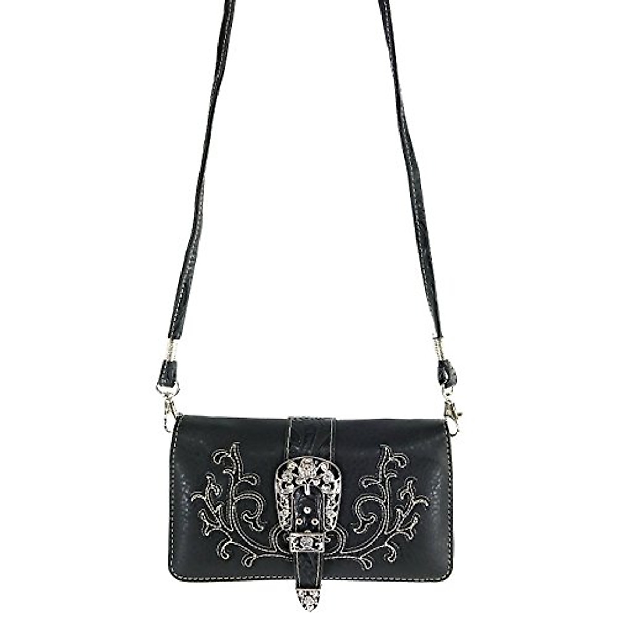 Justin West Tooled Floral Embroidery Buckle Studded Concealed Carry Tote Purse (Black Purse Wallet Set)