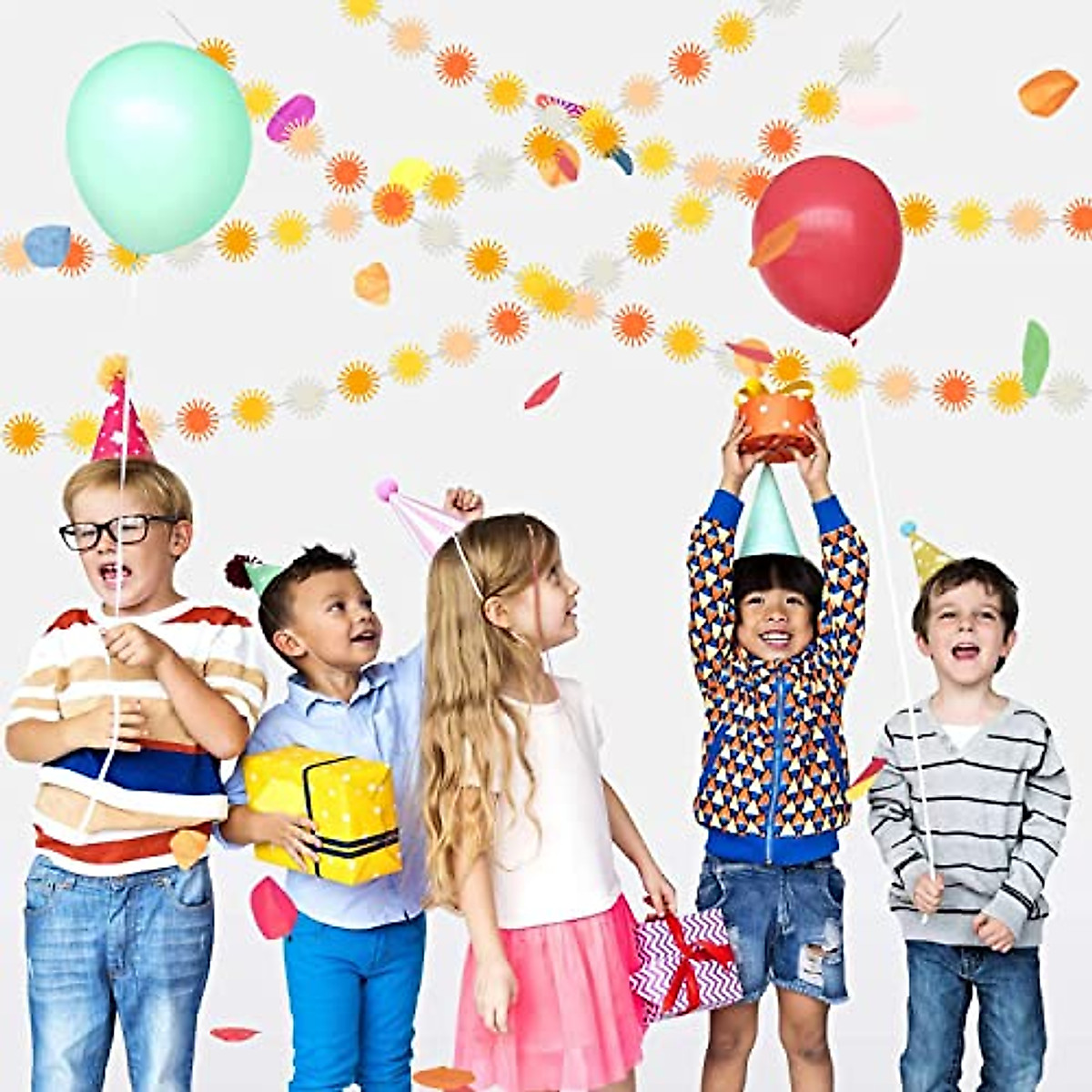 G1ngtar Boho Sun Garland Felt Artificial First Trip Around The Sun String Banner Hippie Boho Muted Sun Party Supplies Aesthetic Indoor Outdoor Party Decoration for Baby Shower Wedding, 4Pcs