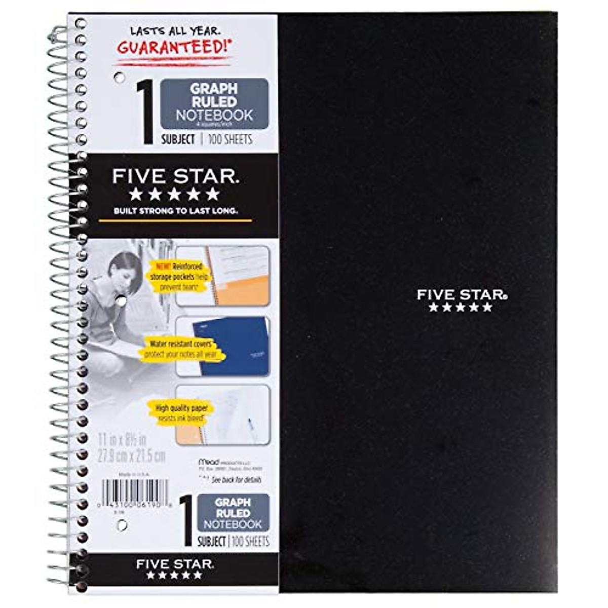 Five Star 06190 11" X 8-1/2" Graph Ruled 1 Subject Notebook Assorted Colors (Pack of 2)