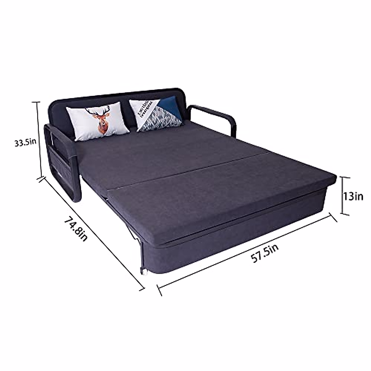 PIAQIA Convertible Pull Out Sofa Bed Sleeper with Storage, Linen Upholstered Folding Futon Couch with 1” Natural Latex Mattress, Suitable for Compact Space, Guest Room, Workshop, Dark Gray, 59" Width