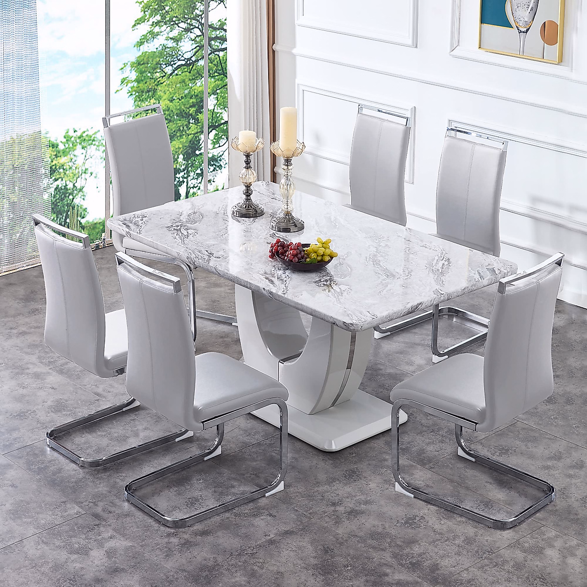 hohoedc 63" Morden Faux Marble Dining Room Table Set,Big Kitchen Dining Table for 6-8 with MDF Base,7 Piece Rectangle Dining Table Set &6 Pu Leather Upholstered Chairs Ideal