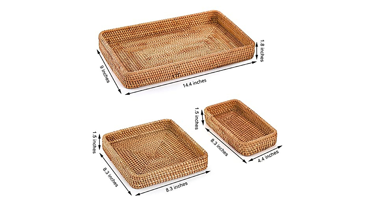 Hacaroa 3 Pack Rectangular Rattan Serving Trays for Home & Gifts