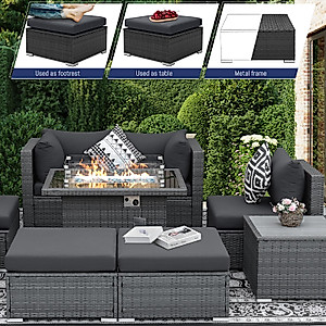 BULEXYARD Grey PE Wicker Patio Furniture Sectional Conversation Sofa Set with 43" Propane/Natural Gas Fire Pit Table, Large Size High Back Outdoor Furniture Set with Fireplace(10Pcs, Dark Grey)