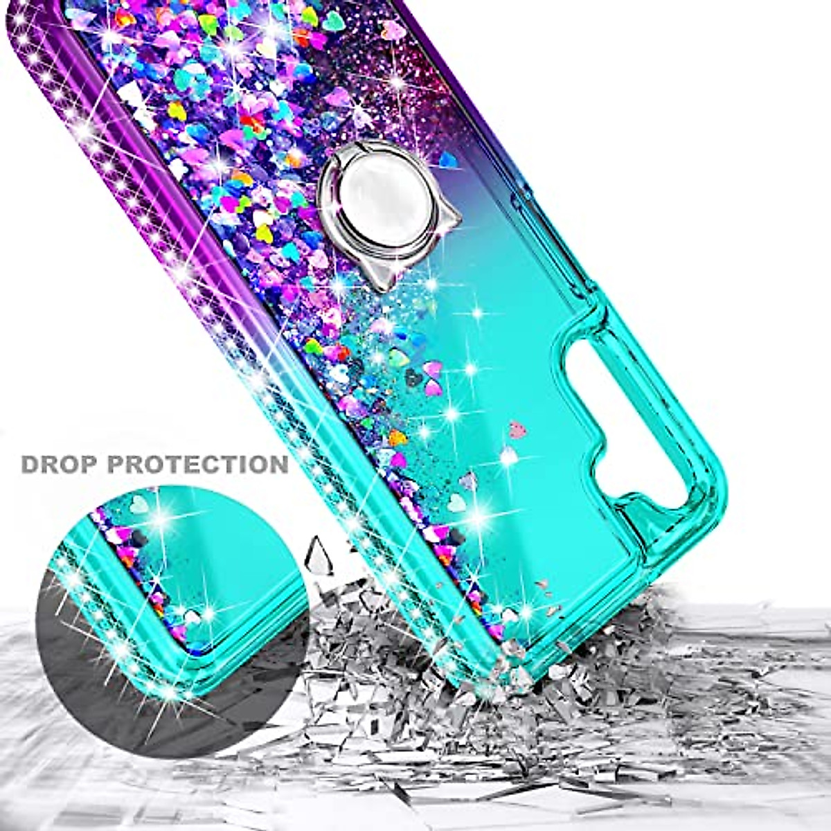 NZND Compatible with Samsung Galaxy A14 5G Case with Tempered Glass Screen Protector (Maximum Coverage), Ring Holder/Wrist Strap, Glitter Liquid Floating Waterfall Durable Cute Case (Aqua/Purple)