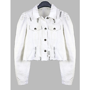 Omoone Women's Ripped Puff Sleeve Denim Crop Top Long-Sleeve Cropped Jean Jacket(1676-White-M)