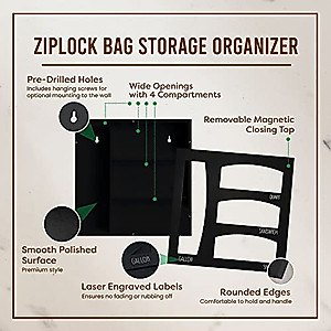 Ziplock Bag Organizer, Bamboo Kitchen Drawer Organizer, Drawer Divider for Snack, Sandwich & Gallon Bags, Kitchen Organizer with 60 Zip Lock Bags, 12x12 inch Box, Black -Total Kitchen Solutions