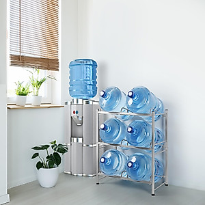 smusei 5 Gallon Water Bottle Holder 3 Tier Water Jug Holder Heavy Duty Double-Row Water Jug Stand for 6 Bottles Water Bottle Storage Rack for Small Space, Room Corner (Silver)