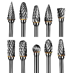 YXGOOD 10 Pieces Tungsten Carbide Double Cut Rotary Burr Set with 3 mm (1/8 Inch) Shank and 6 mm (1/4 Inch) Head Size (Style 1)
