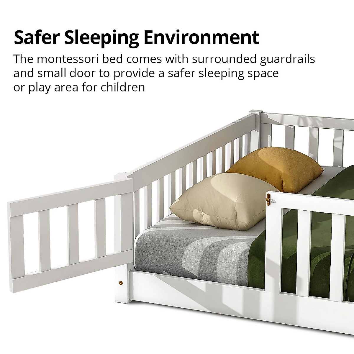 i-POOK Twin Floor Bed for Children, Sturdy Wood Montessori Bed Frame with Wood Slats, Fence & Door, Montessori Floor Bed for Girls and Boys, White