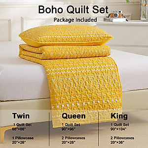 WONGS BEDDING Yellow Boho Quilt Set Queen,3 Pieces Reversible Mustard Stripe Quilt with 2 Pillowcases Bohemian Bedspread Bedding Set Microfiber Quilted Coverlet Set for All Seasons Queen (90"×96")