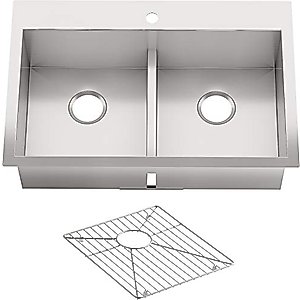 KOHLER Vault 33" Double-Bowl 18-Gauge Stainless Steel Kitchen Sink with Smart Divide with Single Faucet Hole K-3838-1-NA Drop-in or Undermount Installation, 9 Inch Bowl