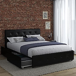 DHP Dakota Upholstered Platform Bed with Underbed Storage Drawers and Diamond Button Tufted Headboard and Footboard, No Box Spring Needed, Queen, Black Faux Leather