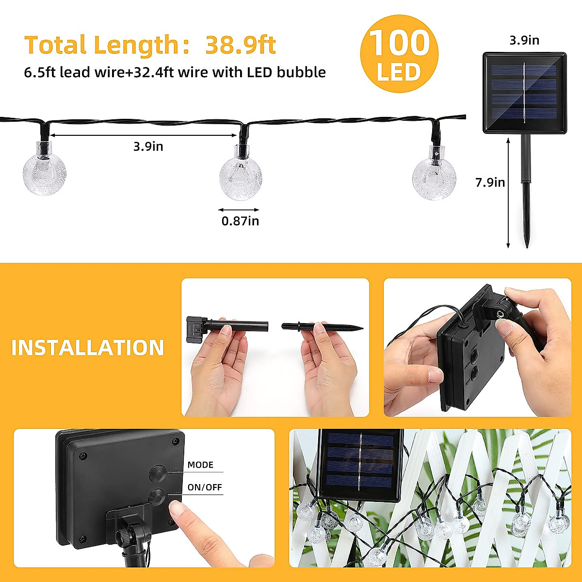 Solar powered Outdoor String Lights Globe – Waterproof Crystal Ball solar String Lights 8 Modes with 100LED 39FT – Good Ideal for Garden Yard Home Party Wedding Christmas Decoration (Warm White)