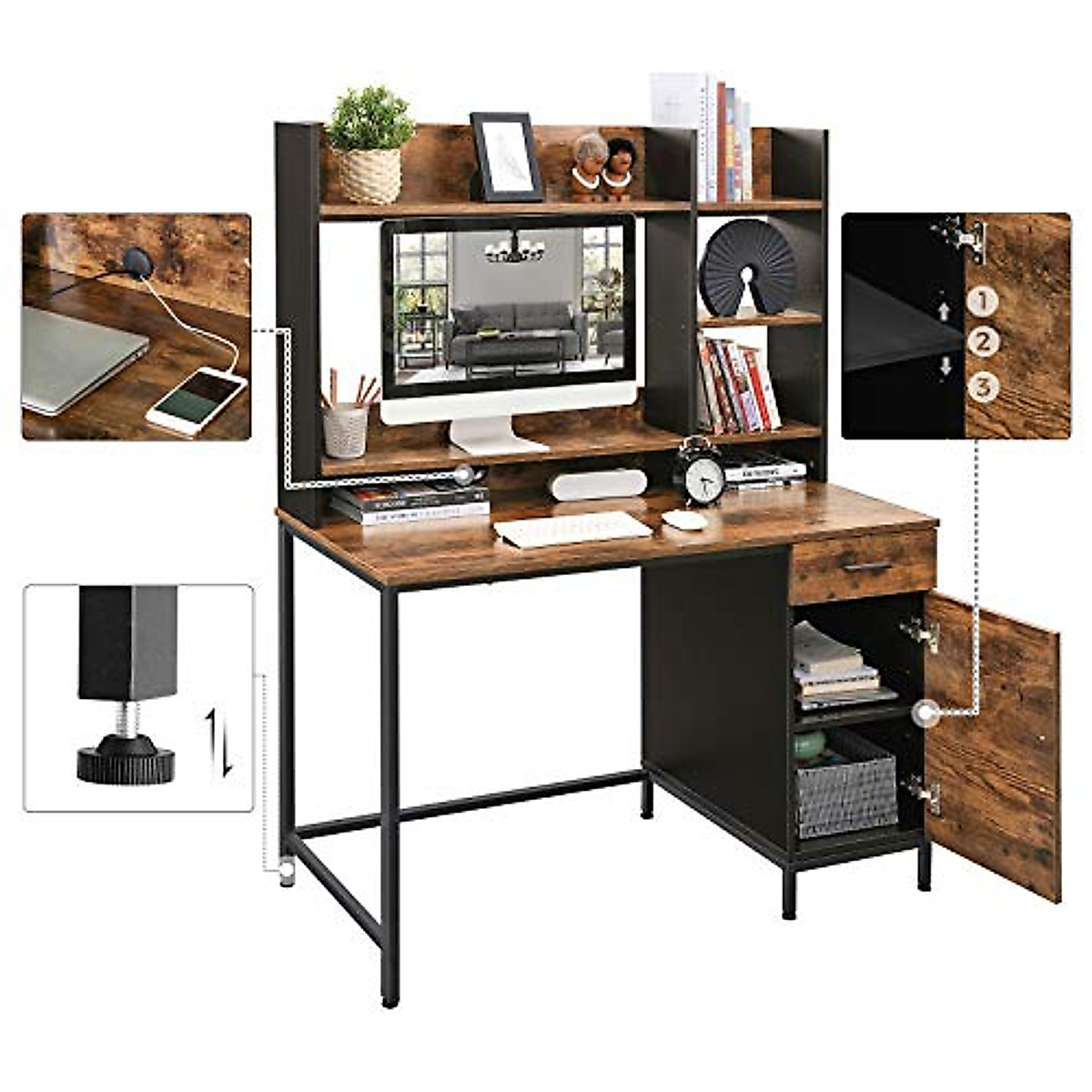 VASAGLE ALINRU Computer Desk with Bookshelf, Office Desk with Cabinet, Drawer, Study and Adjustable Shelves, Steel, Industrial, 47.2 x 23.6 x 60.3 Inches, Rustic Brown and Black ULWD65X