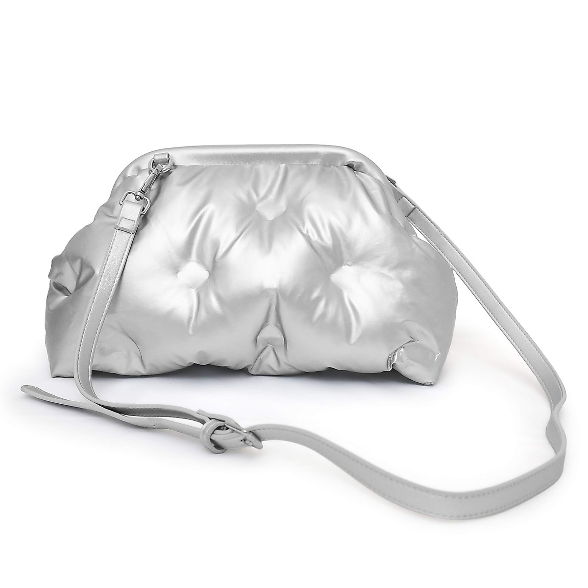 Women's Quilted Crossbody Bag | Padded Puffer Shoulder Handbag | Pillowy Maxi Quilting Finish Clutch Purse (Silver, Medium)
