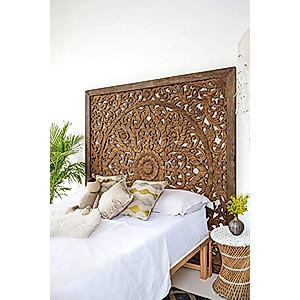 Super King Sized Carved Headboard, Wall Mounted Mandala Wooden Panels, Weathered Brown Rustic Barn Finish, 80 inches