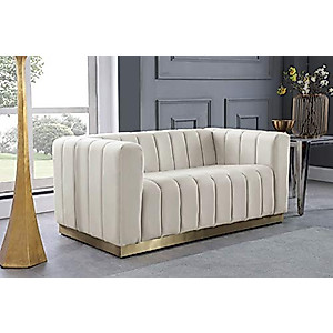 Meridian Furniture 603Cream-L Marlon Collection Modern | Contemporary Velvet Upholstered Loveseat with Deep Channlel Tufting and Brushed Gold Finish, Cream, 62.5" W x 34" D x 28" H