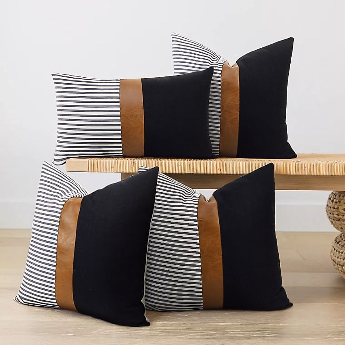 cygnus 20x20 Pillow Covers Set of 2 Farmhouse Decor Stripe Patchwork Linen Throw Pillow Covers Modern Faux Leather Covers for Couch Sofa,Black