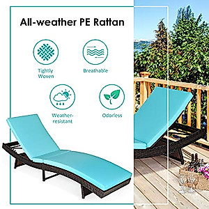 Tangkula Outdoor Folding Chaise Lounge, Rattan Patio Lounge Chair with Removable Thick Cushion, 5 Adjustable Levels, Leisure Reclining Wicker Lounge Chair for Garden, Pool Side, Balcony (2, Turquoise)