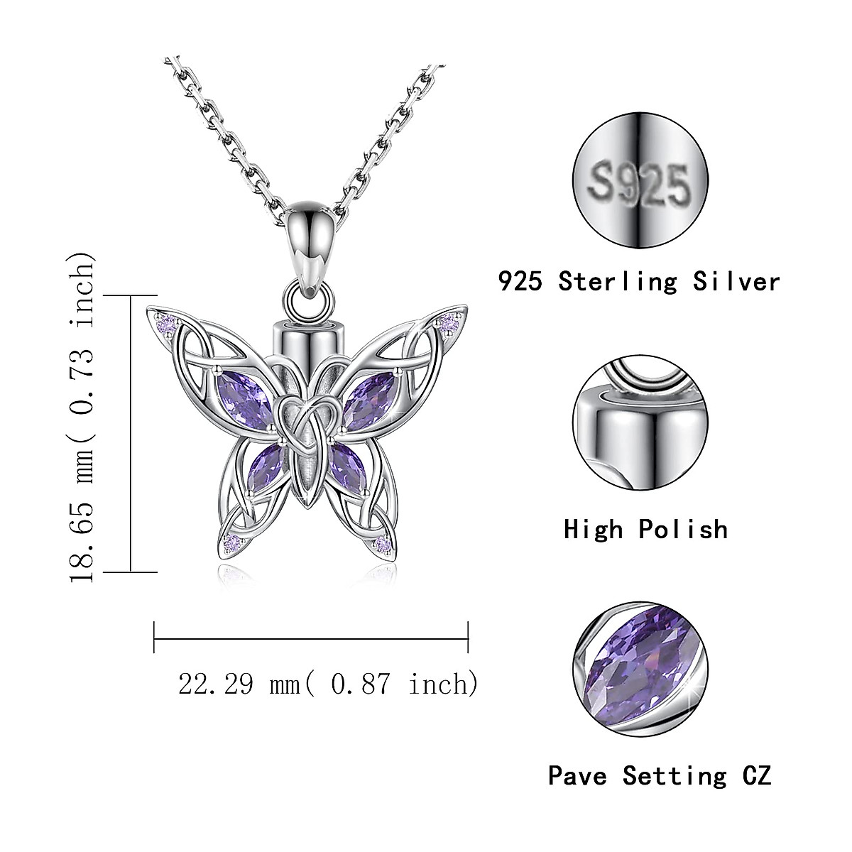 MANBU Butterfly Cremation Urn Necklace for Ashes - 925 Sterling Silver Memorial Keepsake with CZ Pendant Jewelry Women Keepsake Bereavement Gift for A Loss of the Loved One (Purple)